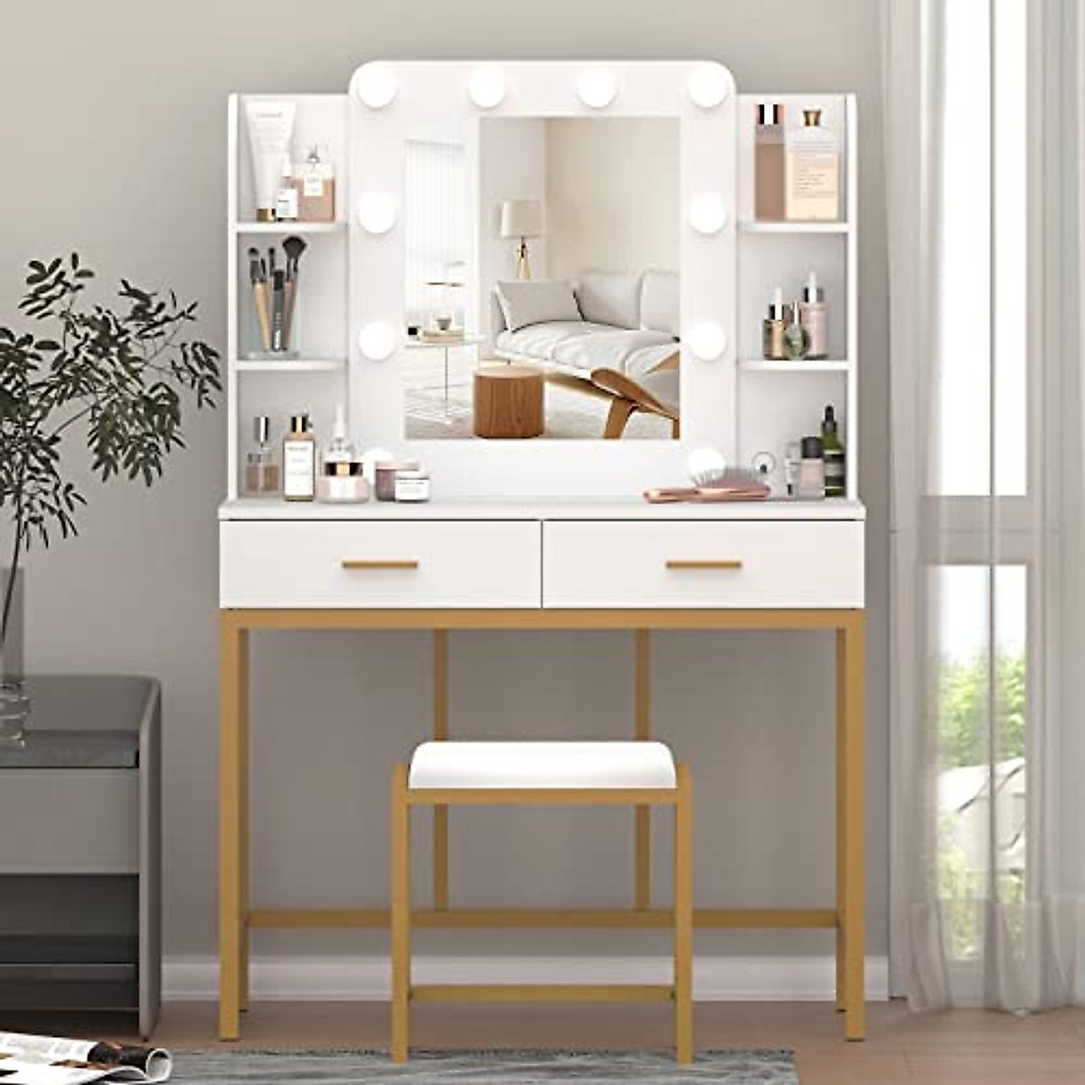 Vabches Makeup Vanity with Lighted Mirror,Vanity Mirror with Lights and Table Set,Vanity Set with 10 LED,Vanity Desk with 3 Lighting Modes and 2 Drawers&Cushioned Stool for Bedroom.