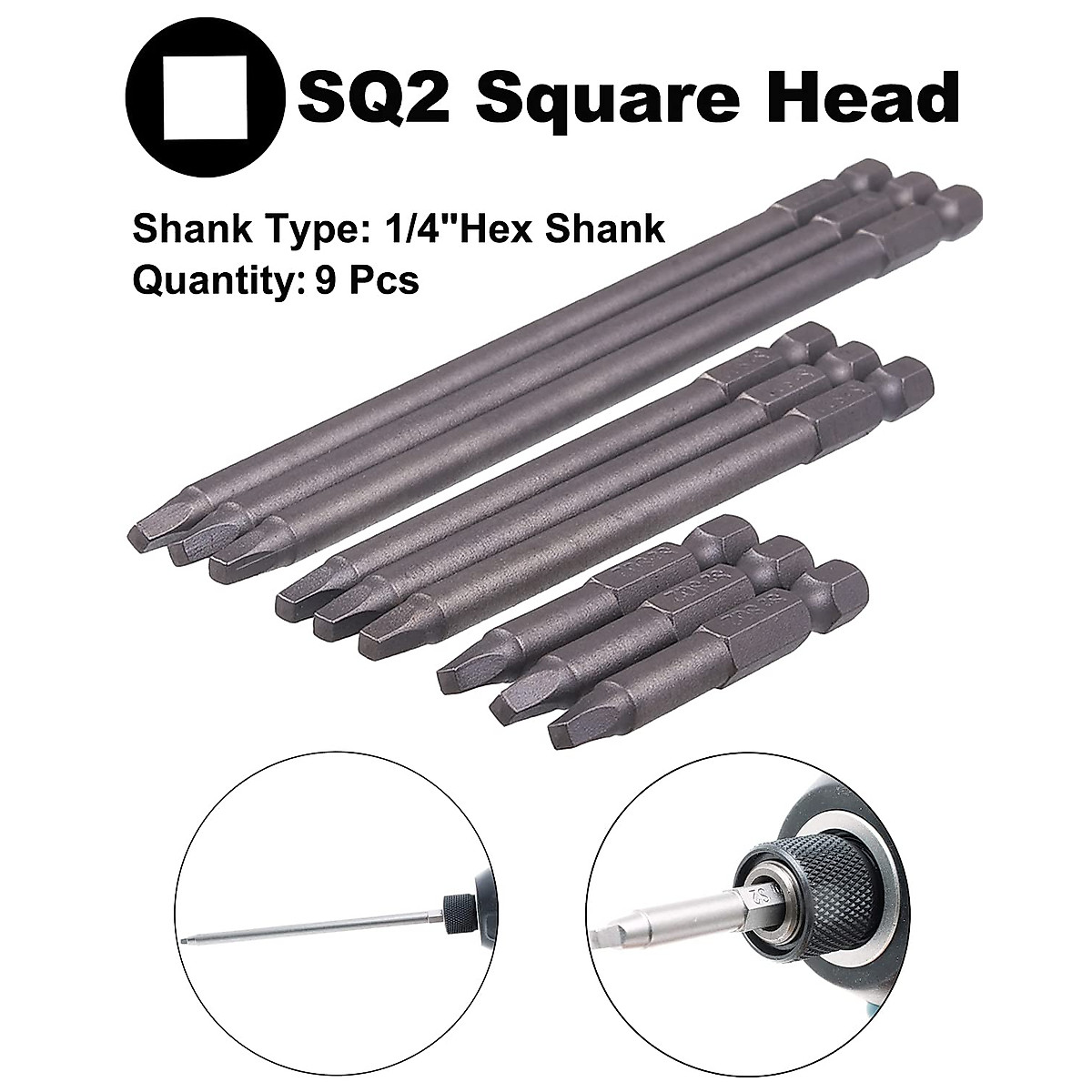 Rocaris 9 Pack 1/4 Inch Hex Shank Long Magnetic Square Head Screwdriver Bits Set Power Tools SQ2 For Poket Hole Jig- 2 inch, 4 inch, 6 inch