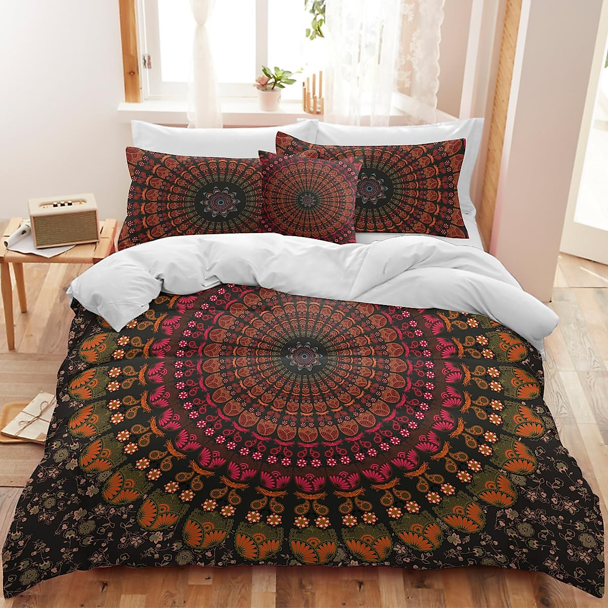 Sleepwish 4pcs Bohemian Duvet Cover Set Full Size for Kids Boys Girls Soft Paisley Black Orange Mandala Bedding Set, 1 Duvet Cover 2 Pillowcases 1 Cushion Cover