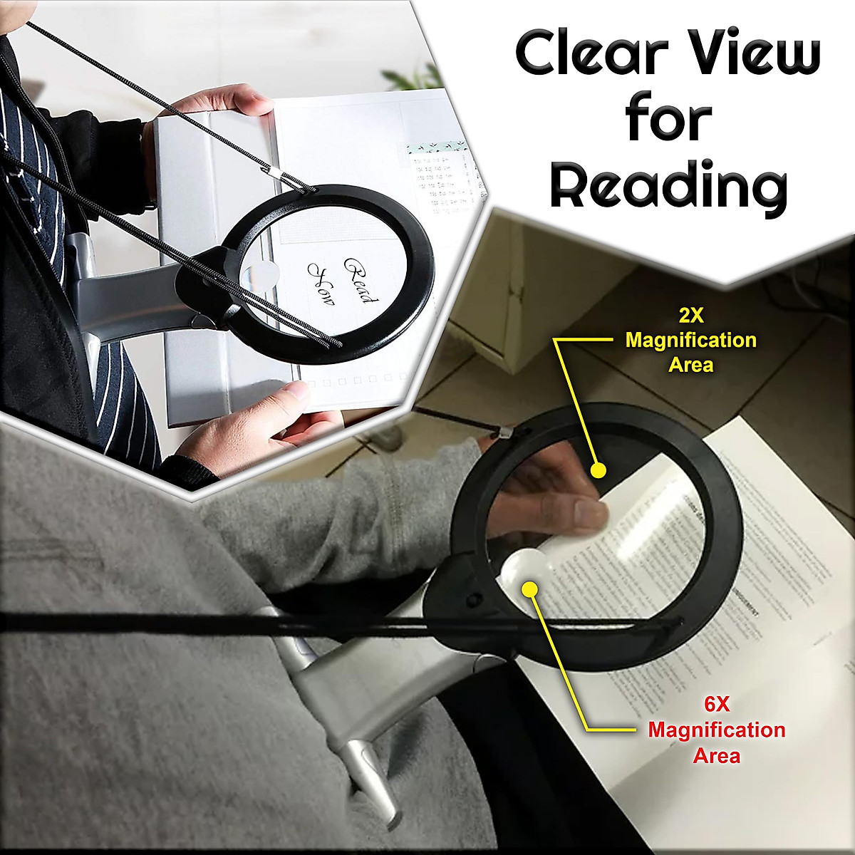 ARSUK Magnifying Glasses with Light, Hands-Free Neck Magnifier for Reading Sewing Cross Stitching Needlework Crafts Hobby Jewelry Repair, 2X 6X Magnification Hanging Cord & Desk Stand