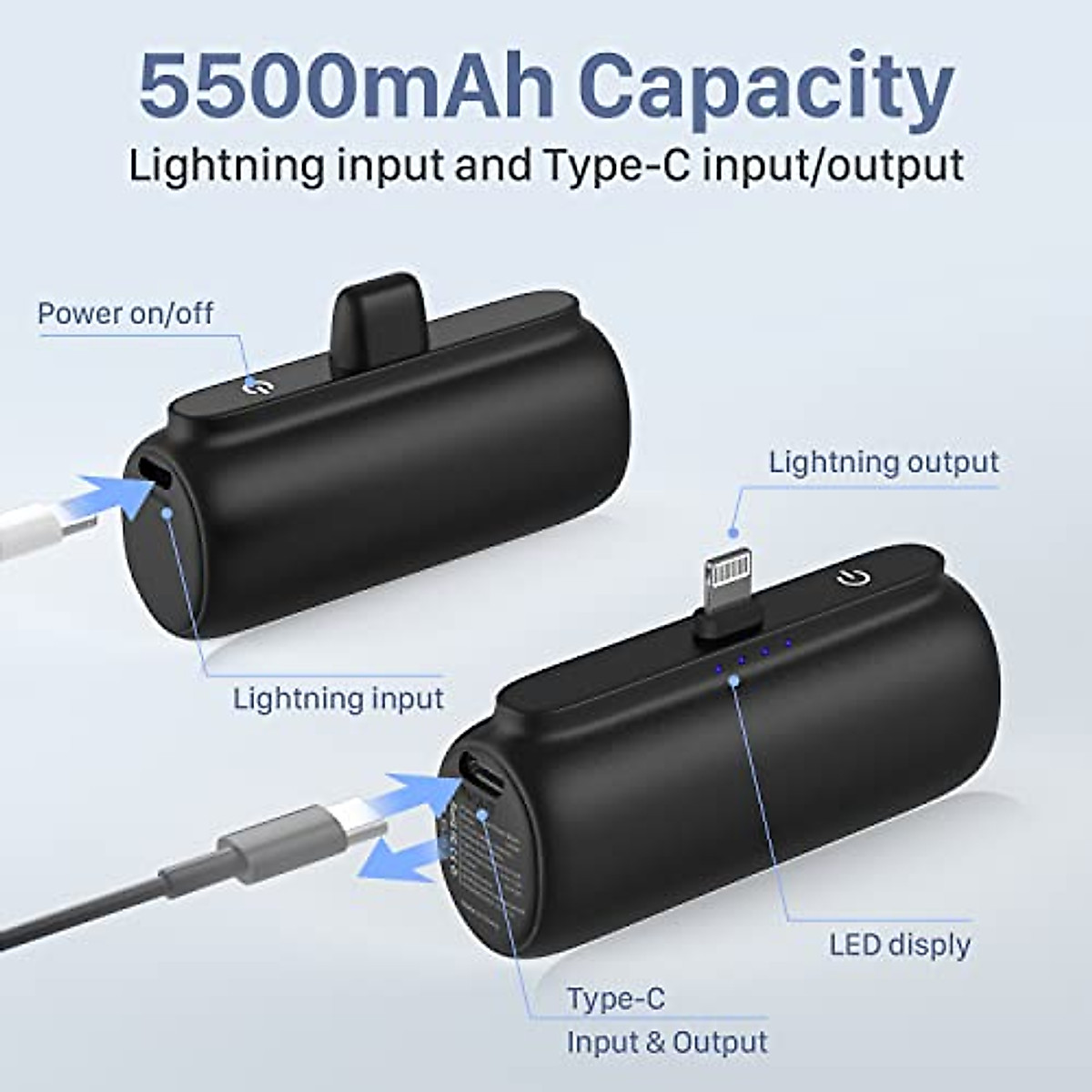 OHZHAO Small Portable Charger Power Bank 5500mAh Ultra-Compact Fast Charging Battery Pack Charger Compatible with iPhone 14/14 Pro Max/13/13 Pro Max/12/12 Pro Max/11/XR/X/8/7/6-Black