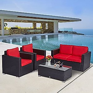 kinbor Outdoor Furniture - 4 Piece Wicker Patio Furniture Set, Outdoor Patio Conversation Furniture Sets, Outdoor Patio Sectional Sofa Couch for Deck Balcony Yard Poolside, Red