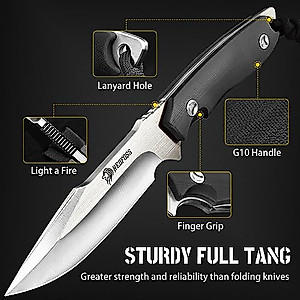 NedFoss Survival Knife with Fire Starter and Kydex Sheath, 9.25" Full Tang Fixed Blade Camping Knife with Sheath Horizontal & Vertical, Bushcraft Knife with G10 Handle for Outdoor, Hunting, Fishing