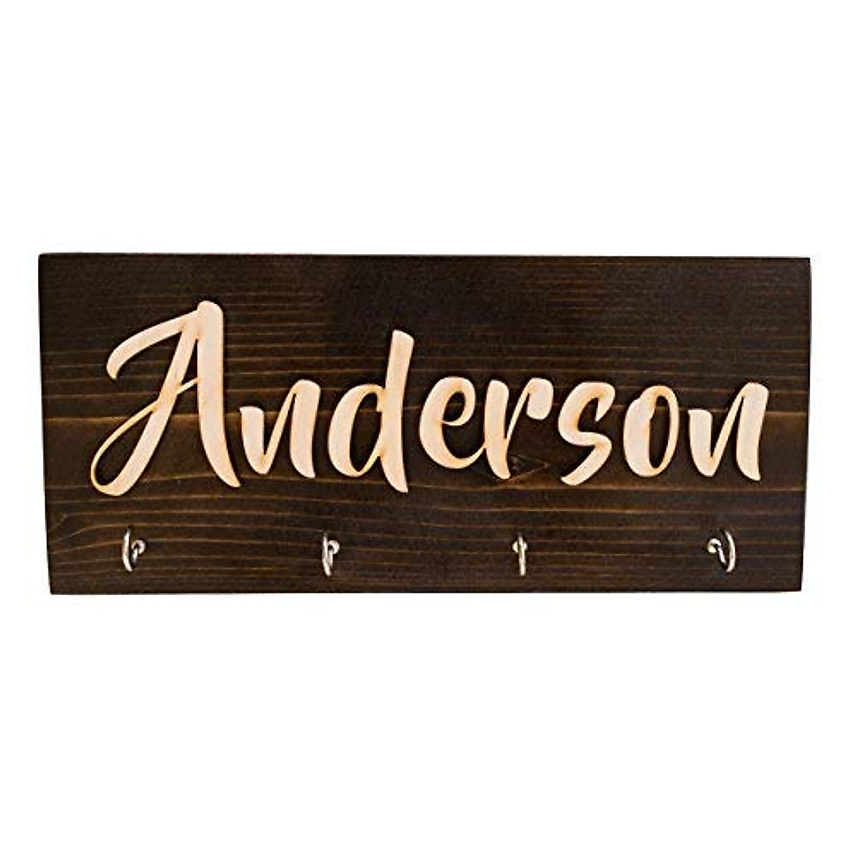 PLS Market Personalized Wall Key Hanger Unique Custom Key Ring & Jewelry Rack Holder - Customize with Your Name | Dark Rustic Natural Wood 4 Hooks Decorative Kitchen, Garage, Living, Closet