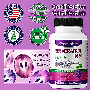 Resveratrol 1,480MG with Quercetin 90 Capsules - Vegan Trans-Resveratrol Antioxidants for Healthy Aging, Immune System, Cardiovascular & Joint Support - Improving Fatigue, Memory and Brain Function