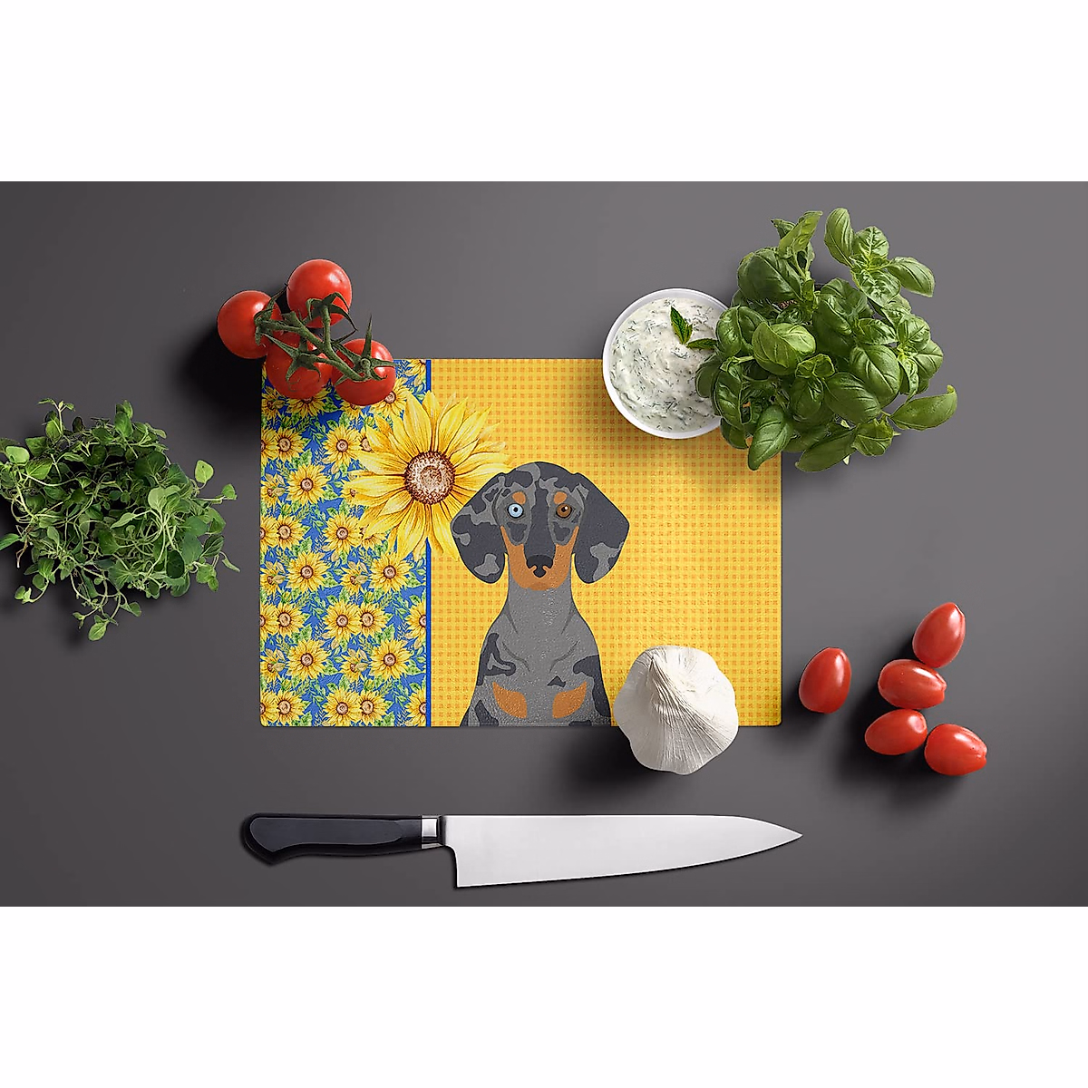 Caroline's Treasures WDK5394LCB Summer Sunflowers Black Dapple Dachshund Glass Cutting Board Large Decorative Tempered Glass Kitchen Cutting and Serving Board Large Size Chopping Board
