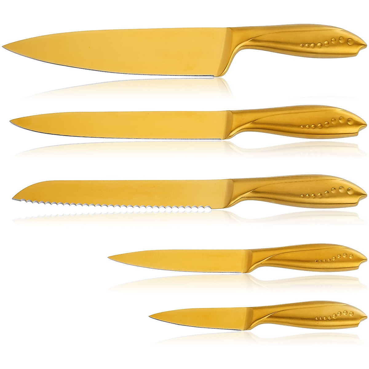 Golden Kitchen Knife Set 5 Piece WELLSTAR, Razor Sharp German Stainless Steel Blade and Ergonomic Handle with Gold Titanium Coated, Chef Carving Bread Utility Paring for Cutting and Peeling - Gift Box