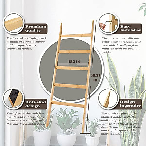 SIMEFUL 5 ft Blanket Ladder,Blanket Display Rack, Farmhouse Blanket Holder,Wall Leaning Ladder Shelf,Bamboo Towel Rack,Decorative Quilt Stand for Living Room, Bathroom, Bedroom