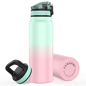 Fanhaw Insulated Water Bottle for On to Go - 20 oz (2 Lids) Dishwasher Safe Stainless Steel Double-Wall Vacuum Leak&Sweat Proof School Water Bottles with Flip Lid & Carabiner Lid (Green Pink)