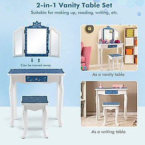 GLACER Kids Vanity, 2-in 1 Makeup Dressing Table w/Detachable Top, Tri-Folding Mirror, Drawer, Stool, Kids Vanity Table and Chair Set, Toddler Vanity, Pink Leopard Print (Blue Snowflake Print)