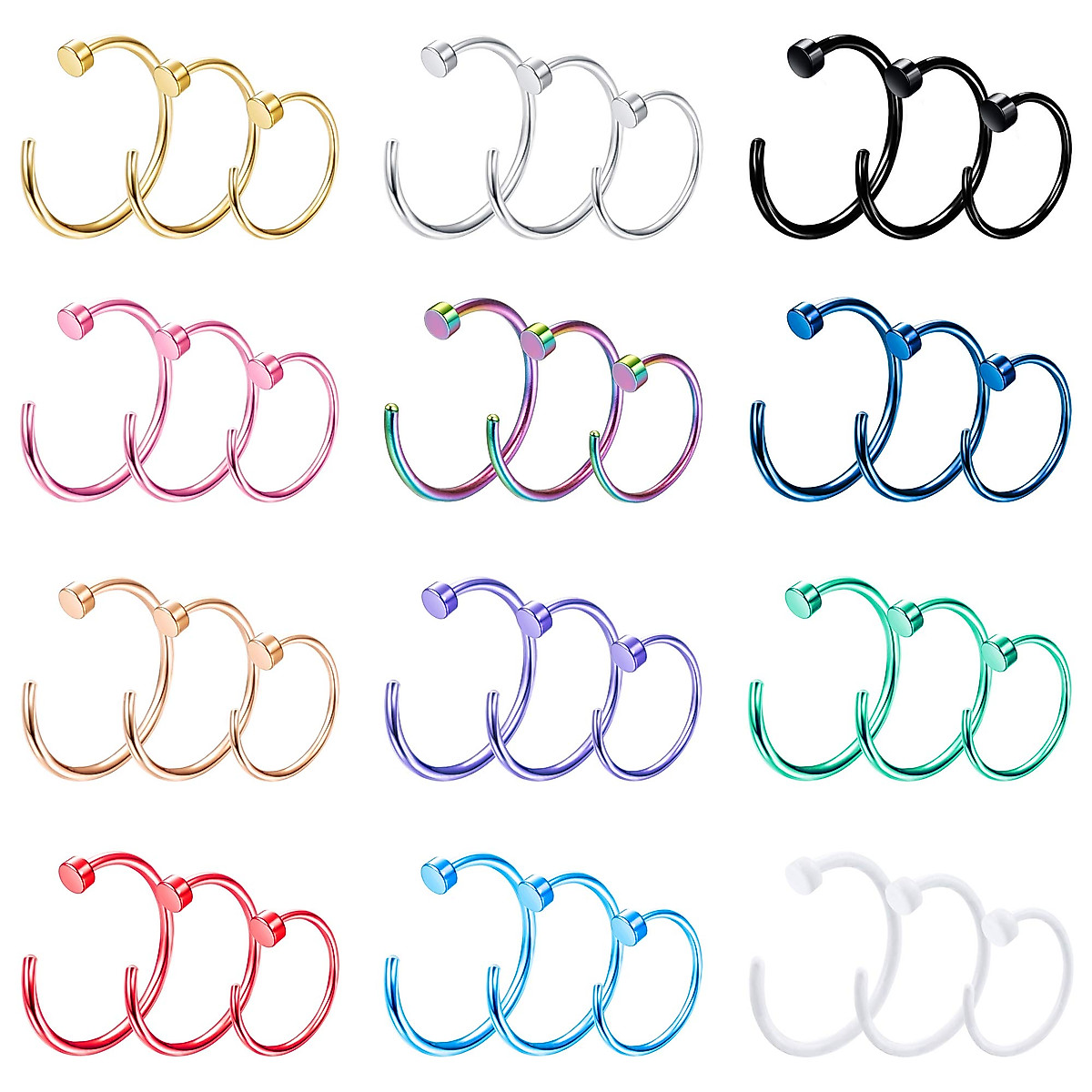 Drperfect 20G 36PCS 316L Stainless Steel Nose Ring Hoop Nose Piercing Jewelry for Women and Men Colored Hoop Nose Ring 6mm 8mm 10mm