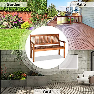 Tangkula Outdoor Wood Bench, Two Person Solid Wood Garden Bench w/Curved Backrest and Wide Armrest, Large Bench for Patio Porch Poolside Balcony, 50" L x 25" W x 36" H (Natural)