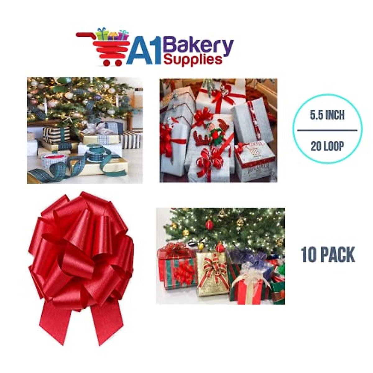 Red Flora Satin 5.5" Pull Bows 20 Loops Set of 10 Gift wrap Christmas Wedding Gift wrap Pill String Bows by A1 bakery supplies