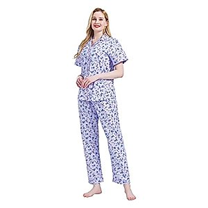 GLOBAL Women's 100% Cotton Pajama Sets | Two-Piece Soft Short-Sleeved and Long Pants PJs for Spring and Summer | Button Down Front Top and Drawstring Waist Bottom Nightwear