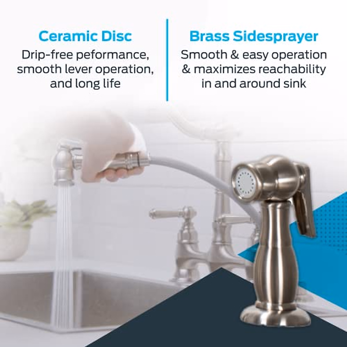 EZ-FLO Canterbury Bridge Kitchen Faucet with 2 Handles and Side Sprayer, 4 Hole Function, Brushed Nickel, 10652