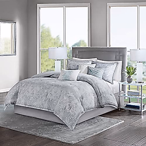 Madison Park Emory Cozy Cotton Comforter Set, Modern Marble Design All Season Down Alternative Casual Bedding with Matching Shams, Decorative Pillows, Queen(90"x90"), Grey 7 Piece