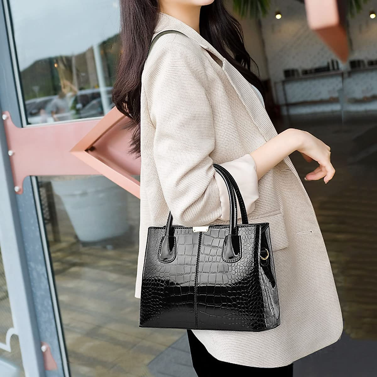 XingChen Handbag and Purse for Women Patent Leather Shoulder Bag Crocodile Pattern Top-Handle Satchel Tote Wallet(Black)