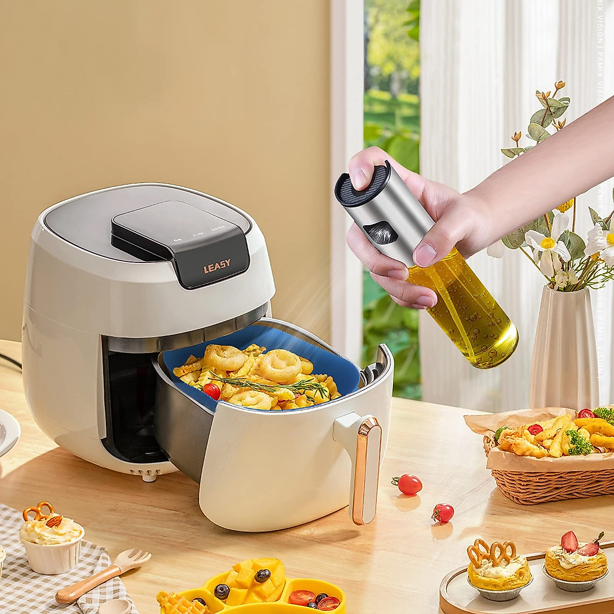 Air Fryer Silicone Liners Square - 8 Inch Reusable Silicone Air Fryer Liners 2 Pack with Oil Sprayer for Cooking Food Safe for 4 to 7 Qt Air Fryer Basket Oven Accessories