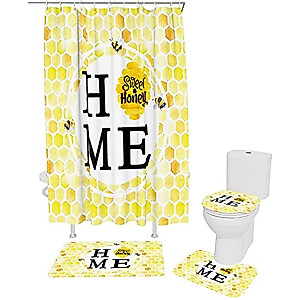 Honeycomb 4 Pieces Shower Curtain Sets with Non Slip Rugs Toilet Lid Cover and Bath Mat, Yellow Honeycomb with Bee Watercolor Bathroom Decor Set with 12 Hooks, 72" x 72"