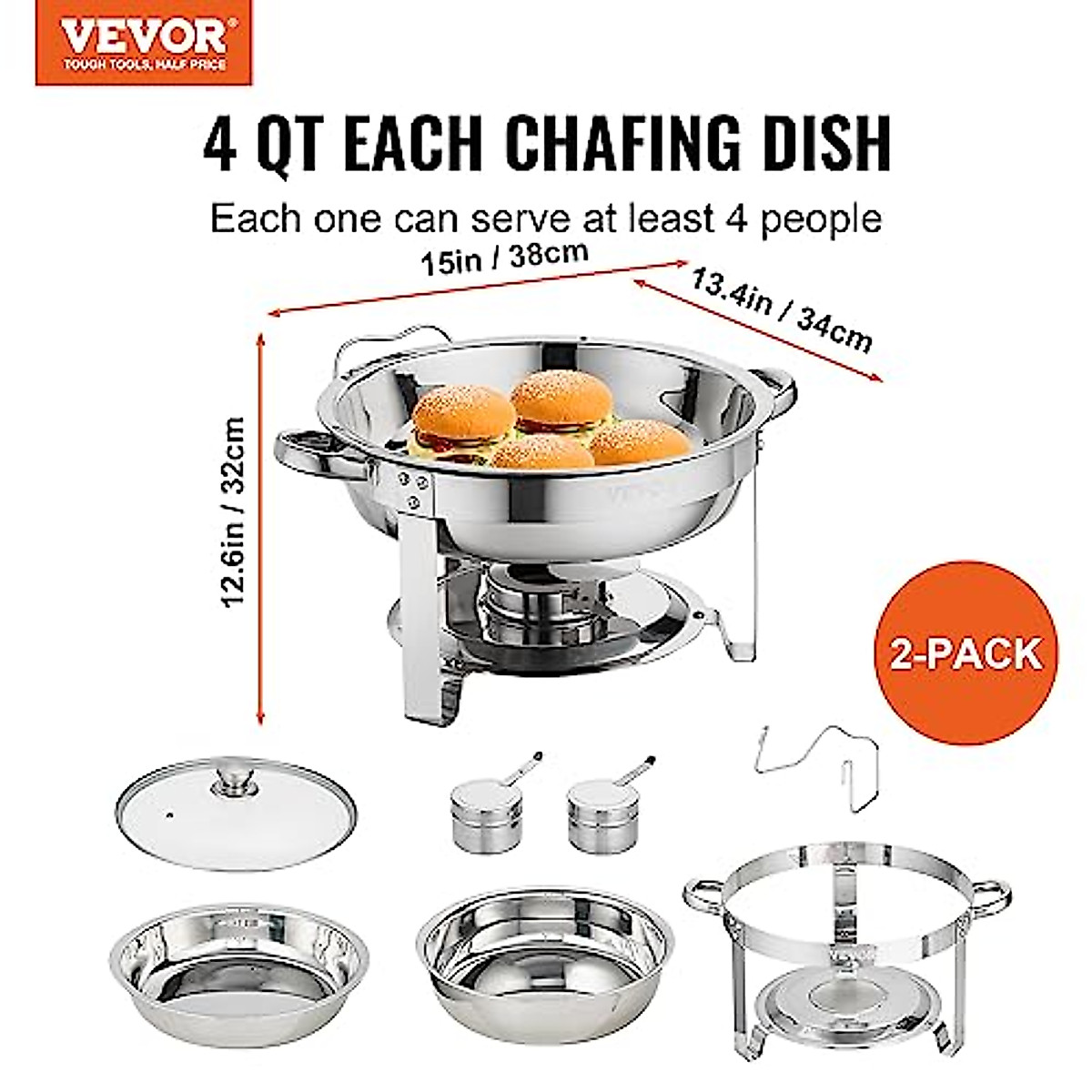 VEVOR Round Catering Warmer Server Chafing Dish Buffet Set, 2 Packs, 4 Quart