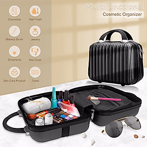 Makeup Travel Case 11 inch Hard Shell Cosmetic Organizer Bag Small Portable Make up Train Hand Luggage with Elastic Strap ABS Mini Suitcase Valentines Day Gifts for men girls, Black