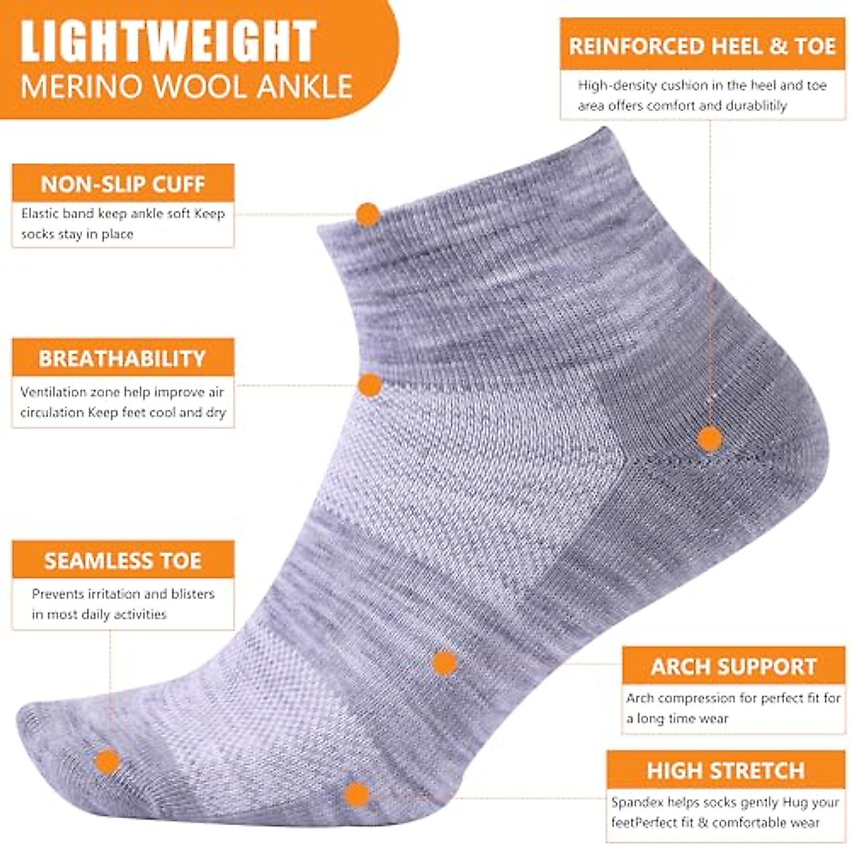 RZTT 90% Merino Wool Socks for Women, Running Ankle Socks for Men, Lightweight Breathable Low Cut No Show Athletic Socks with Arch Support,3 Pack,Medium,Light Grey