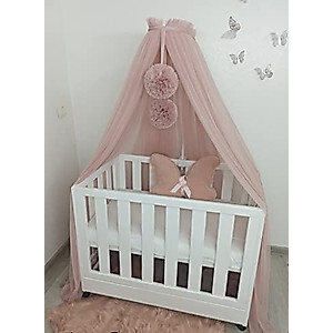 Soft canopy for nursery with holder and pompoms, Kids hanging tent for bedroom, Bed canopy, crib canopy, baby room decor, Nook baldachin (Dusty Pink)