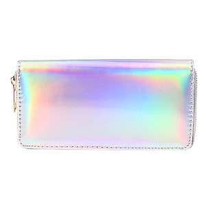 VALICLUD Holographic Zipper Long Wallet Purse Iridescent Rainbow Card Cell Phone Holder Slim Long Pouch for Women