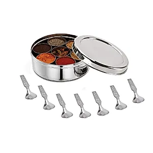 Satre Online and Marketing Stainless Steel Spice Box Without Lid,Stainless Steel Masala Box,Indian Spice Box with 7 Spice Containers and Spoons