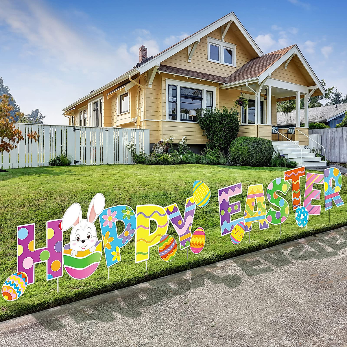 4 Pieces Happy Easter Yard Signs Decorations Outdoor Lawn Decorations Eggs Yard Stake Sign Bunny Easter Outdoor Decorative Stake Signs with 16 Plastic Stakes for Easter Garden Yard Party Supplies Prop