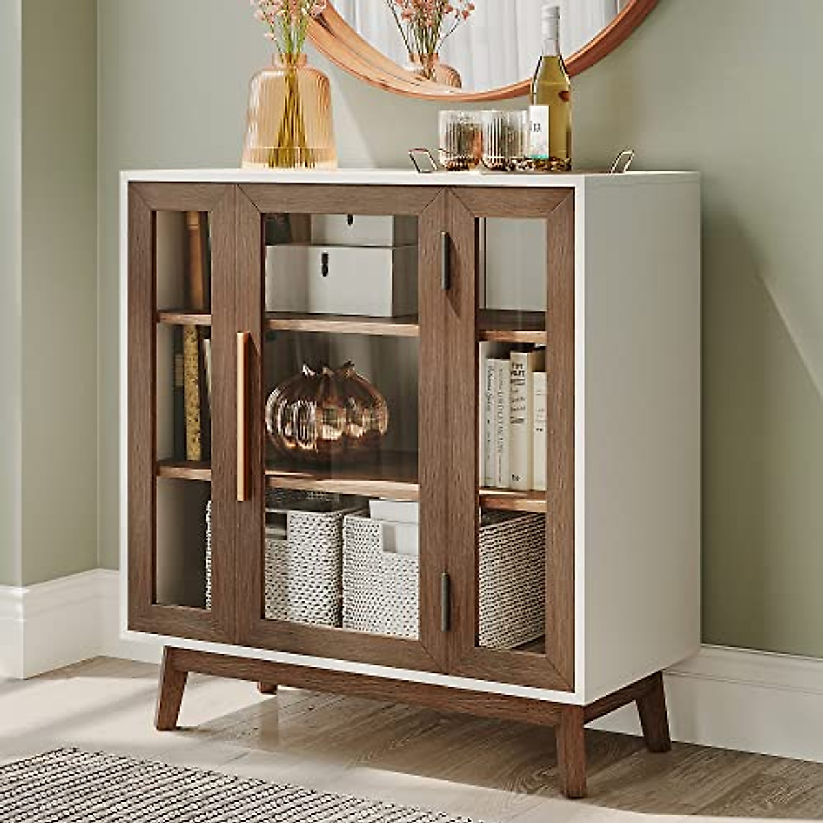 BELLEZE Sideboard Buffet Cabinet, Modern Curio Cabinet 3-Tiers Console Table for Kitchen Glass Display Cabinet Storage/Pantry Cabinet Coffee Bar for Living Room Bedroom Entryway, Brown