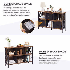 HOMISSUE 6 Cube Storage Organizer, Industrial Cube Storage Shelf with 3 Foldable Cube Storage Bin, Long Horizontal Bookshelf with Metal Frame, Low Bookshelf for Living Room and Office, Rustic Brown
