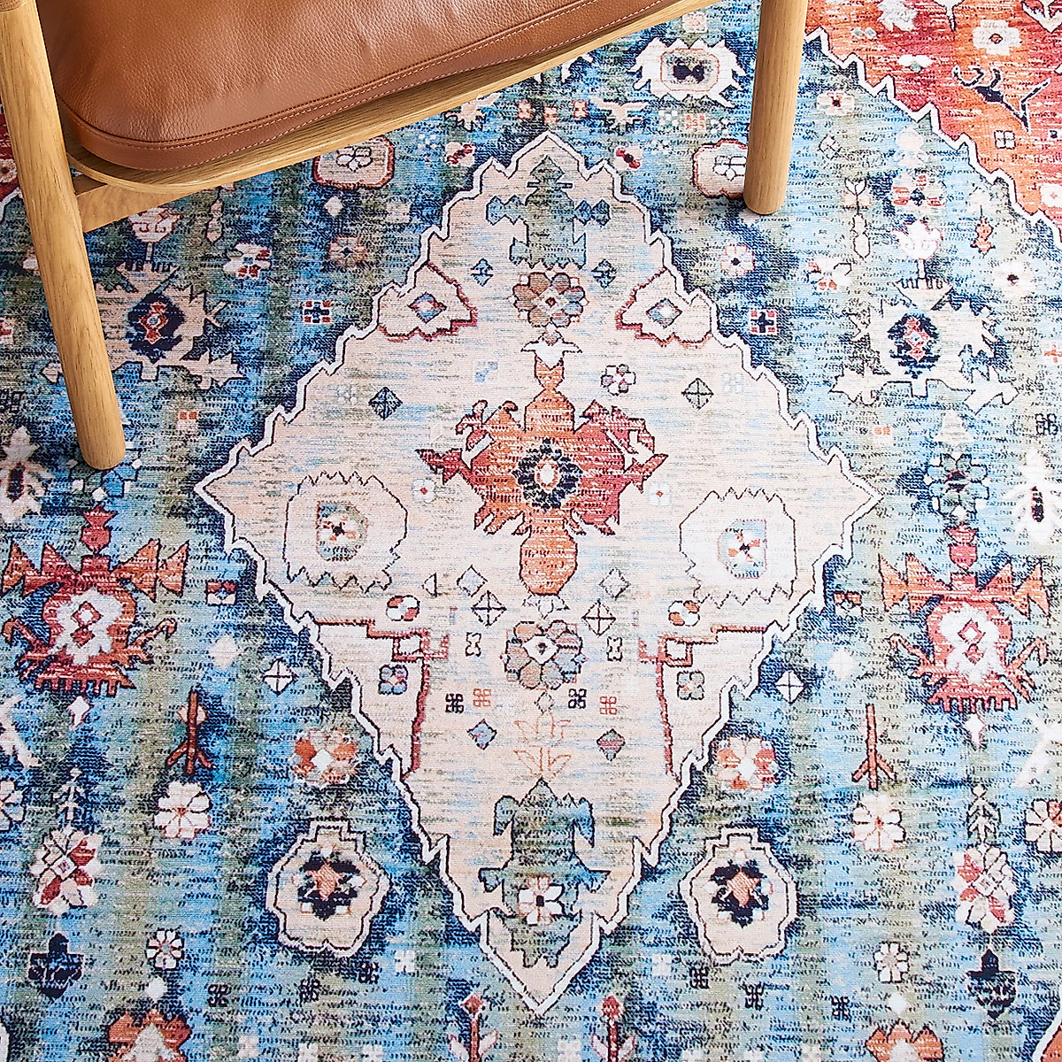 SAFAVIEH Tucson Collection Area Rug - 4' Square, Beige & Blue, Persian Medallion Design, Non-Shedding Machine Washable & Slip Resistant Ideal for High Traffic Areas in Living Room, Bedroom (TSN104B)