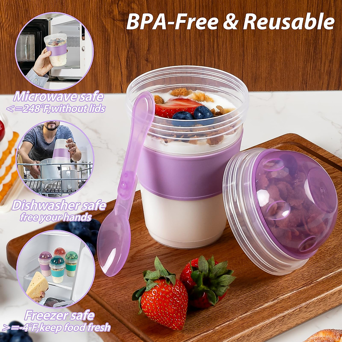 Freshmage 4 Pack 20 oz Yogurt Parfait Cups with Lids, Reusable Overnight Oats Containers with Lids, Folding Spoons and Topping Compartment for Breakfast to Go