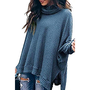 ASHER FASHION Women's Cowl Neck Long Sleeve Waffle Knit Top Pullover Sweater Navy Blue M