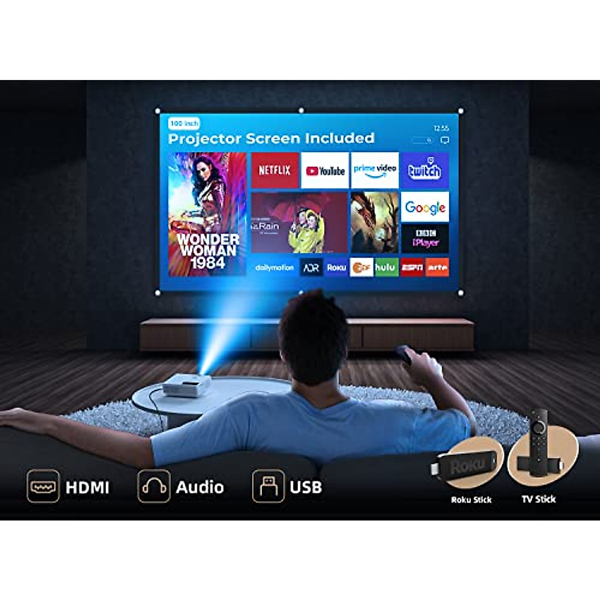 Native 1080P Bluetooth Projector with 100'' Screen, ALVAR 10000 Lux & 400 ANSI Portable Outdoor Movie Mini Projector, 60000 Hrs LED Lamp Life, Compatible with TV Stick, HDMI and USB