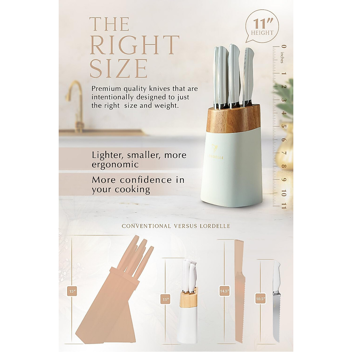 Lordelle Knife Block Set - 5 Piece Set - White Chantilly Snow - Lifestyle Home Kitchen Design - German X50 Stainless Steel - ABS Handle - Ash Wood Block - Cooking Chef Knife, Santoku, Paring, Utility