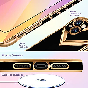 Flafens (3in1 Black Love Heart Case for iPhone 13 6.1" for Women Girls Cute Aesthetic Girly Luxury Pretty Plating Hearts Pattern Phone Cases Cover with Chain+Screen Protector for iPhone 13 6.1 Inches