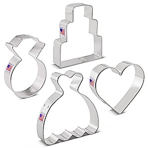 Wedding Cookie Cutters 4-Pc. Set Made in USA by Ann Clark, Wedding Dress, Wedding Cake, Diamond Ring, Heart