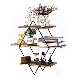 Homode Floating Shelves, Rustic Wood Geometric Wall Shelf, 3 Tier Diamond Metal Storage Shelves for Bedroom, Bathroom, Living Room, Kitchen, Office, Black and Brown