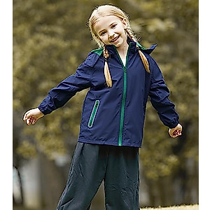 SaphiRose Kids Rain Jacket Waterproof Raincoat Mesh Lined Coat with Removable Hood for Boys Girls (Navy,8-9 years)