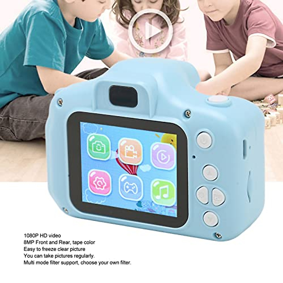 Emoshayoga Toddler Camera, Blue 400mAh Capacity Small Digital Camera Front Rear 8MP 1080P HD Video with 32G Memory Card for Outdoor