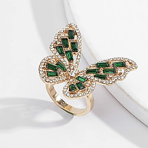 Aimimier Cubic Zirconia Butterfly Ring Sparkling Crystal Bow-Knot Knuckle Ring Wedding Jewelry for Women(Gold-green)