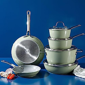 Sur La Table Kitchen Essentials 10 Piece PFA Free Non-Toxic Titanium Ceramic Nonstick Interior Forged Aluminum Cookware Pots and Pans Set - Green - Induction Compatible