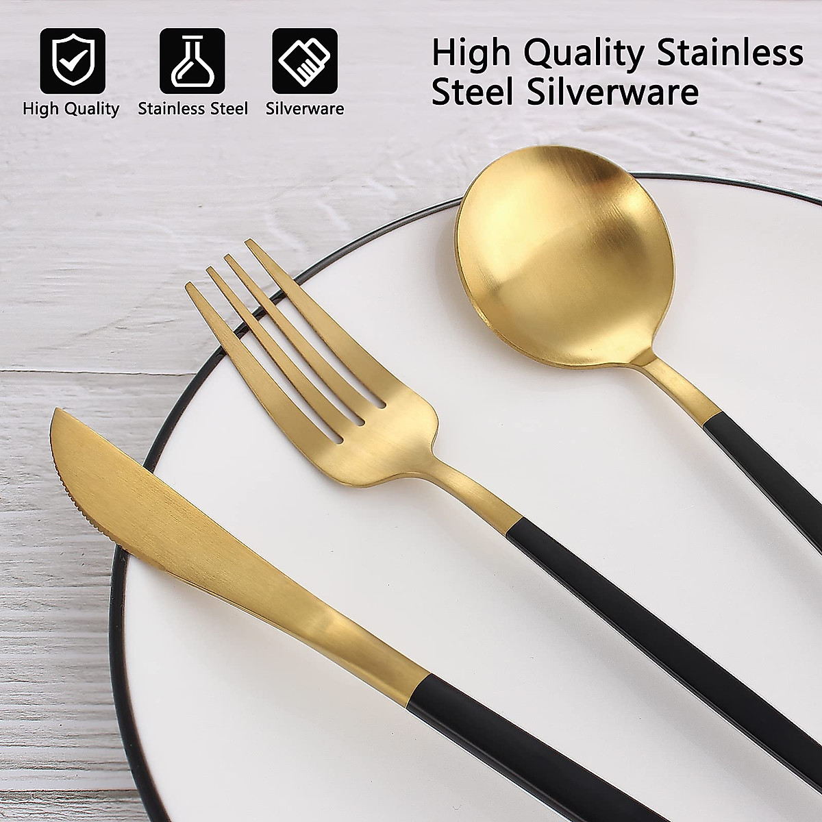 VANVRO Matte Black Gold Silverware Set, 20-Piece Stainless Steel Flatware Set, Satin Finish tableware Cutlery Set, Service for 4, Home and Restaurant, Dishwasher Safe