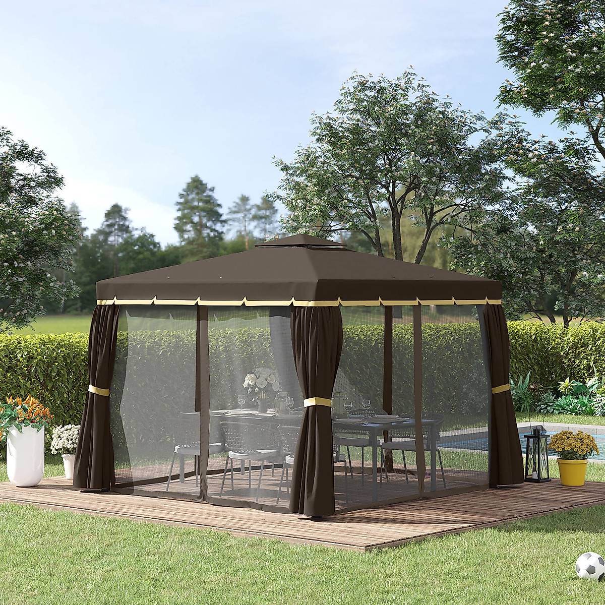 Outsunny 10' x 10' Patio Gazebo, Aluminum Frame Double Roof Outdoor Gazebo Canopy Shelter with Netting & Curtains, for Garden, Lawn, Backyard and Deck, Coffee