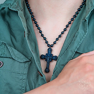 Conscious Items - Black Obsidian Necklace - Sacred Armor: Black Obsidian Cross of Faith and Protection - Pearl Necklace with Cross - Chakra Cross Necklace - Cross Necklace for Men
