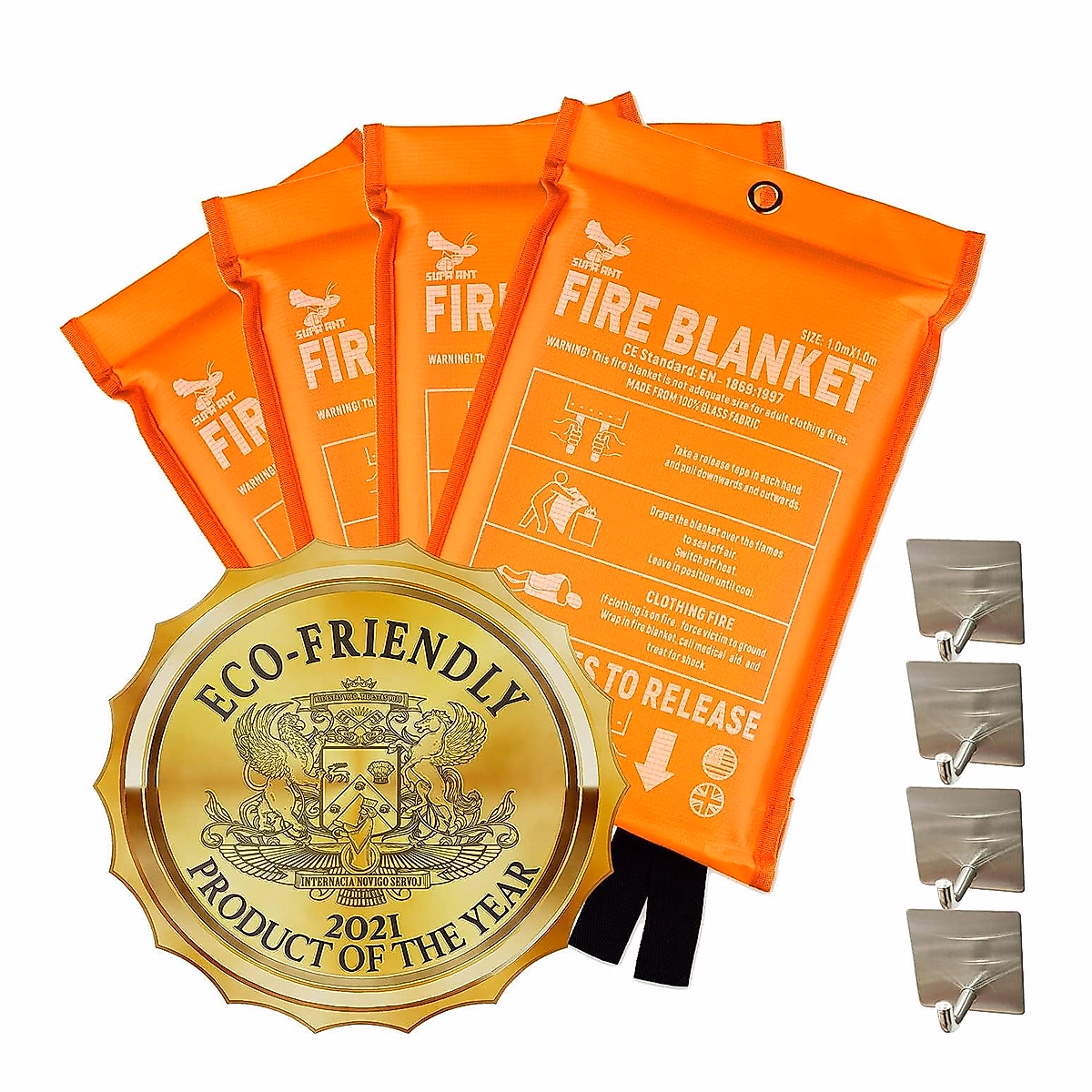 Supa Ant Emergency Fire Blanket for Home and Kitchen - 4 Pack 1500F High Visibility (Glow in The Dark) Smother Kitchen Fire Blanket - CE Certified Hero Fire Blankets Emergency for Home (40in)