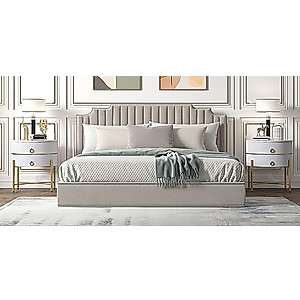 O&K FURNITURE White Round Side Table for Living Room, Marble End Table with 2 Drawers, Modern Nightstand with Metal Legs for Bedroom, White & Gold