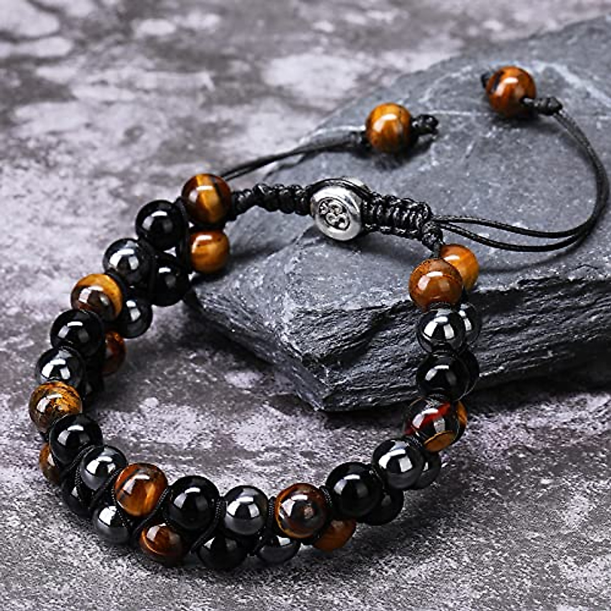 2 Pieces Lava Rock Bead Bracelets Hematite Black Obsidian Tiger Eye Stone Bracelet Healing Crystal Gemstone Bead Bracelet Adjustable Anxiety Bracelet